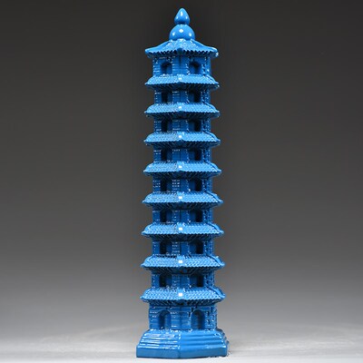 蓝色木雕刻9层文昌塔摆件实木头九层文昌塔家居客厅办公室装饰品
