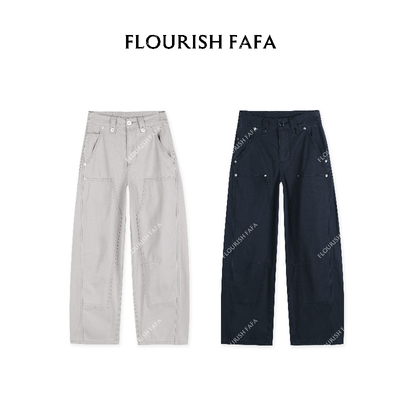 FLOURISH FAFA【野糖】 无弹后松紧腰工装款多口袋八分弯刀牛仔裤