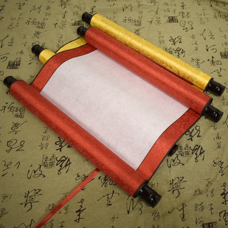 高温加厚绫布软裱精装空白画 画轴万年红大红色宣纸卷轴圣旨带轴