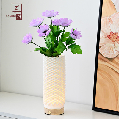 3D打印创意陶瓷带夜灯花器家居摆件 北欧简约陶瓷台灯花插二合一