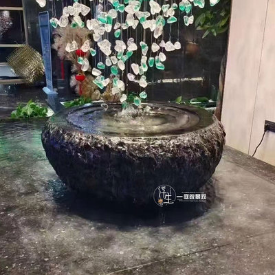 大理石石钵水池喷泉黑山石日式庭院水钵喷水景观涌泉石雕流水招财