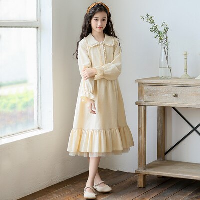 中大女童长袖连衣裙2024新款花边洋气小女孩公主裙春秋中长款裙子