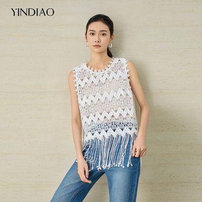 YINDIAO引调流苏镂空花无袖上衣