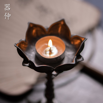 器仲锡师傅纯锡烛台复古手作辽代莲花高脚蜡烛台高端茶室禅意摆件