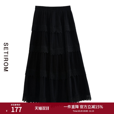 西町村屋长款蕾丝拼接半身裙女