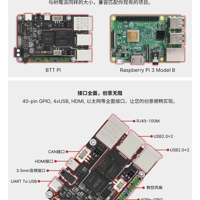 BTT PI派开发板Klipper上位机H616平替树莓派3B主板单片机