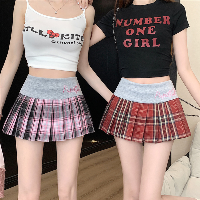 实拍实价撞色拼接格纹学院风防走光超短裙女春夏辣妹性感半身裙裤