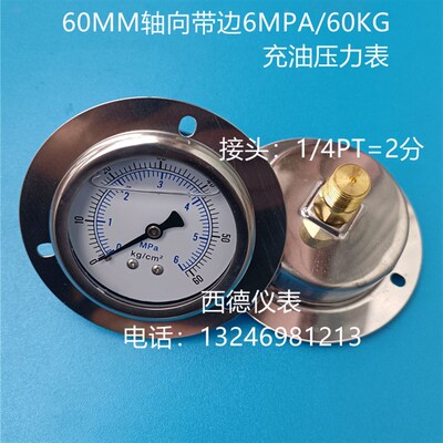 60MMl轴向带边(嵌装式)充油耐震压力表 60KG/6MPA 螺牙2分