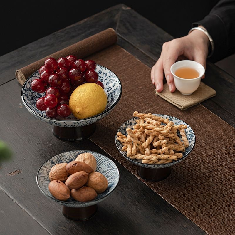德化陶瓷青花复古高脚茶点盘网红水果盘客厅家用点心零食贡盘供盘