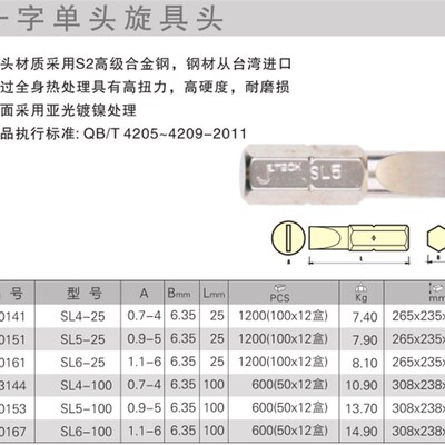 JETECH捷科工具一字单头旋具头SL4-25 SL5-100 SL6-100