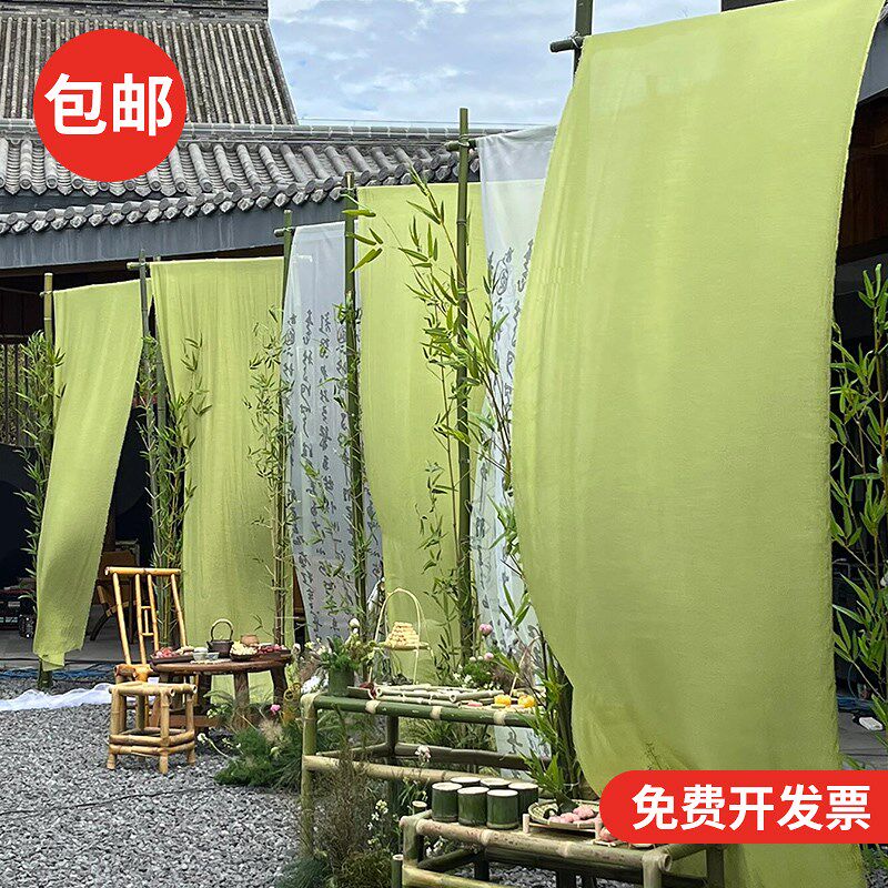 国风茶馆水墨文字诗纱幔围炉煮茶美陈绿色背景布装饰挂帘吊顶挂布
