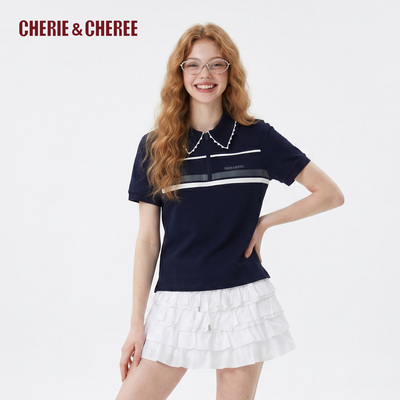 CHERIE&CHEREE26夏纯棉短款半拉链条纹POLO短袖T恤女CC6WCX3T065