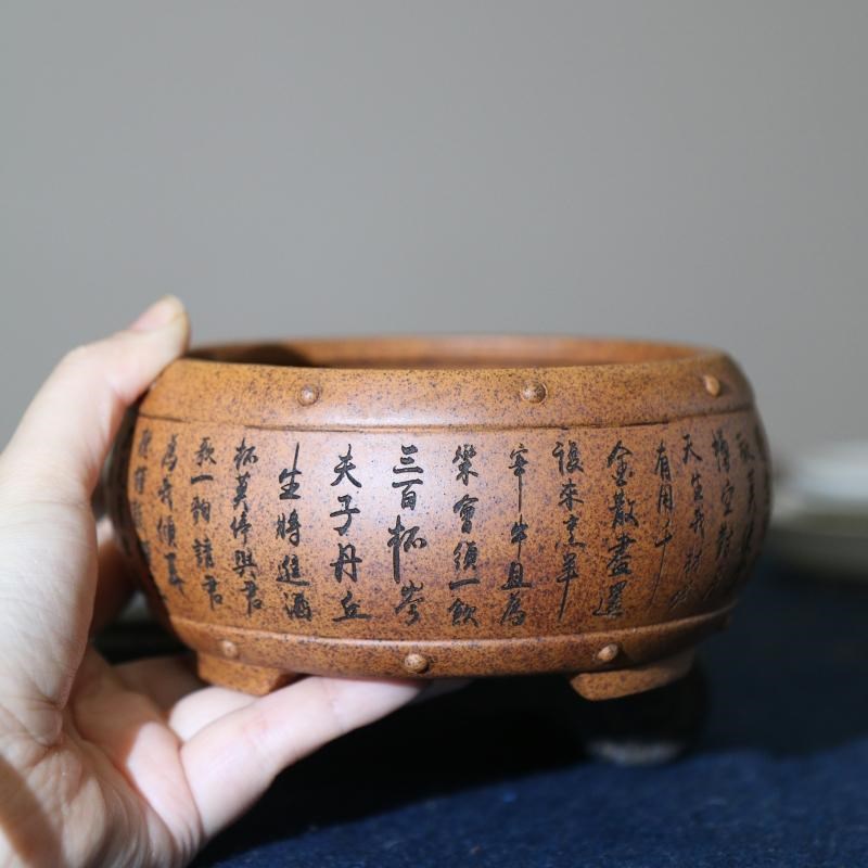 紫砂花盆鼓丁盆柴烧手工盆景盆桌面盆栽仿古典刻绘鼓盆觅陶乡