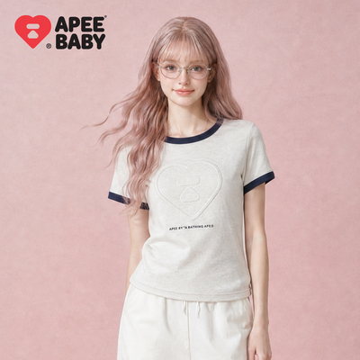 APEE甜美纯色正肩短袖T恤女