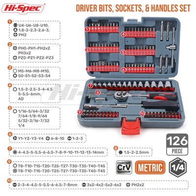甄选Hi-Spec 126件套1/4批头套筒工具组套 汽修工具多用批头旋具