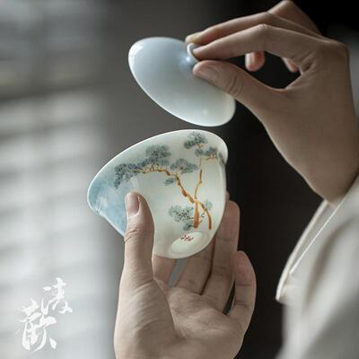 清欢丨明知山志 云水蓝釉下彩手绘盖碗 手工薄胎青松落色家用茶碗