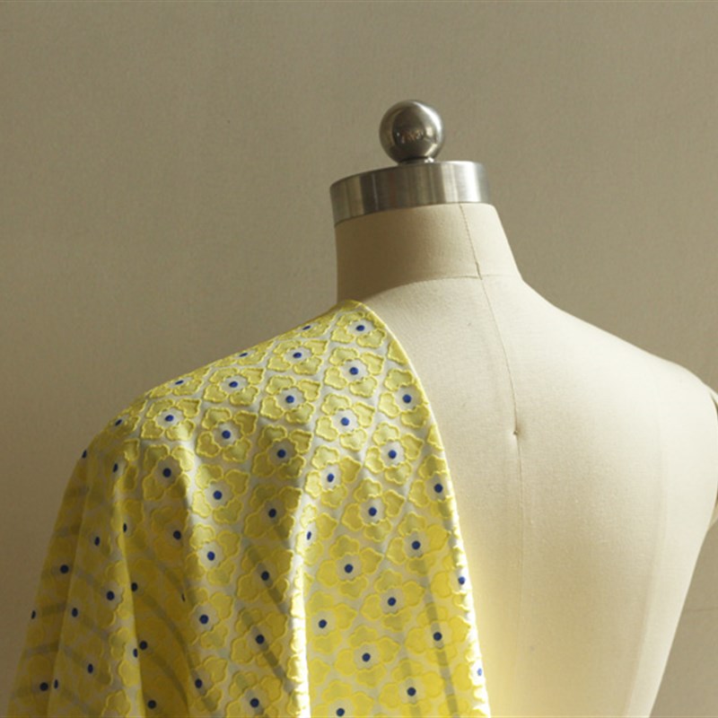 黄蓝四叶花色织提花布料汉服时装面料汉服旗袍连衣裙服装套装裙子