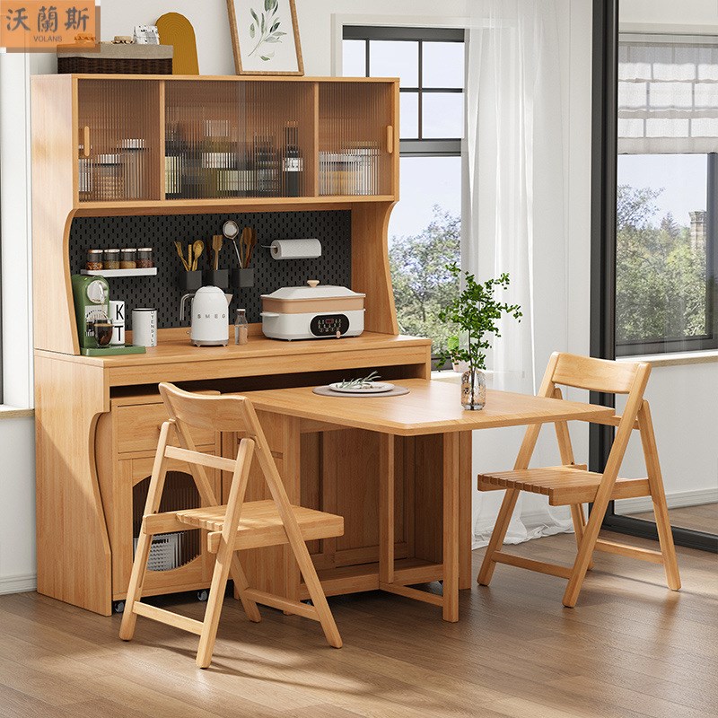 实木多功能家用小餐桌餐桌餐边柜储物折叠桌椅T组合小户型一体式