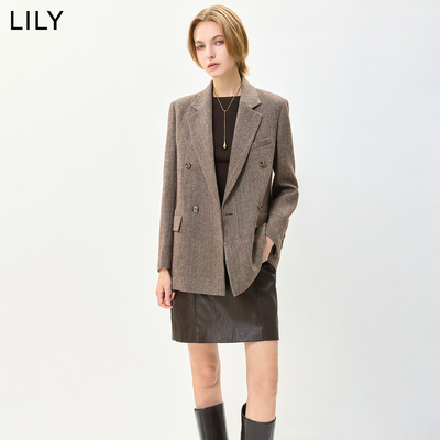 LILY2026秋新款老钱风人字纹宽松廓形休闲轻商务通勤深色装外套女