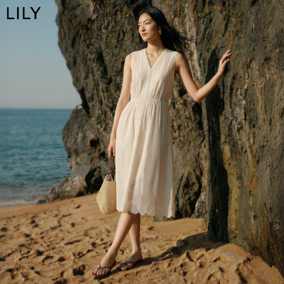 LILY2026夏新款女装纯棉法式V领镂空蕾丝绣花收腰白色无袖连衣裙