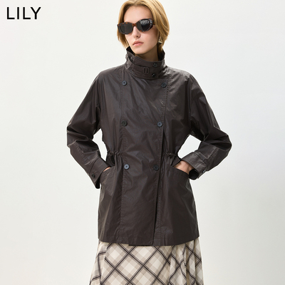 LILY2026秋新款纯棉复古立领落肩宽松休闲通勤百搭工装外套女短款