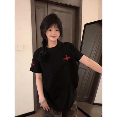 美式复古北极星刺绣字母情侣t恤