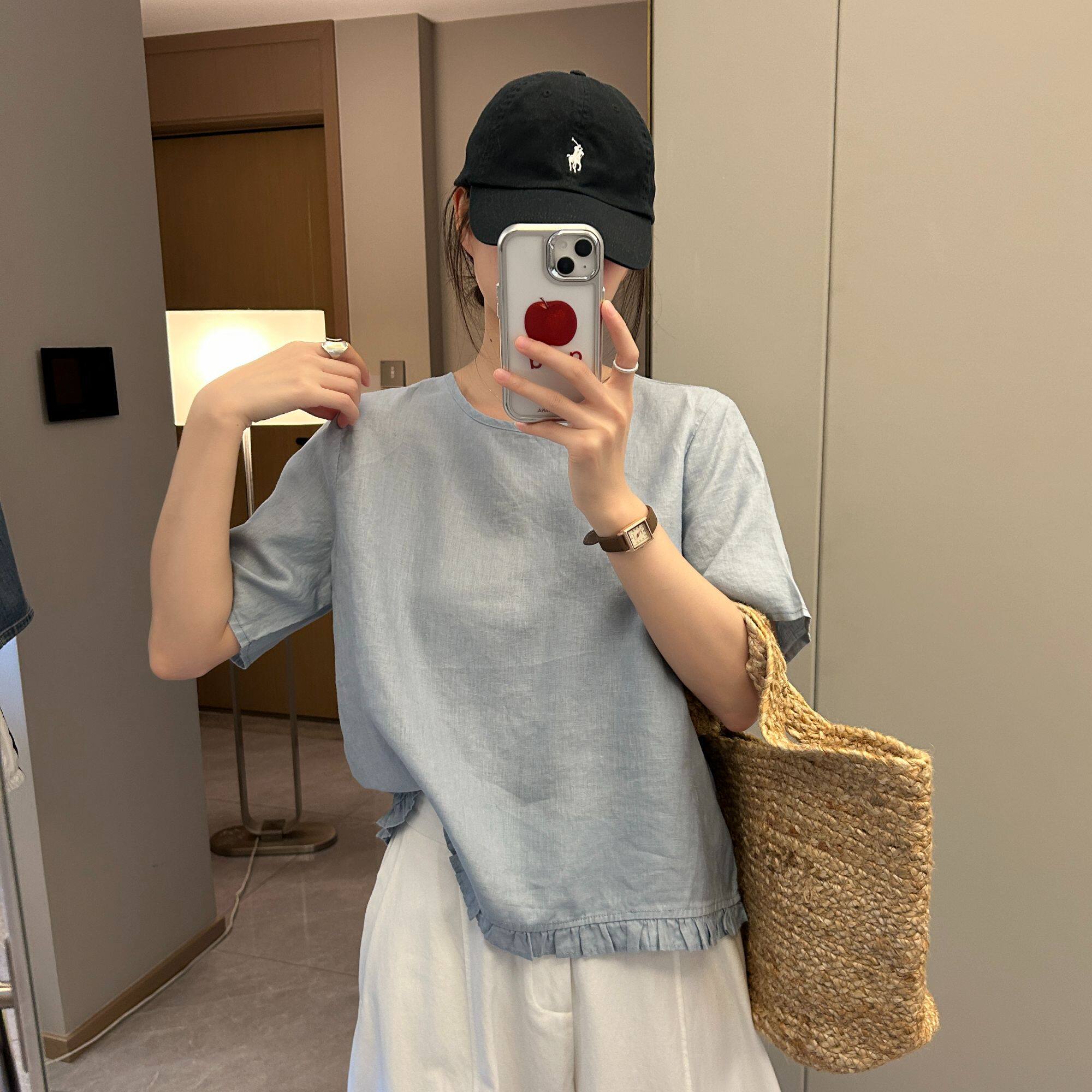 「真100%纯亚麻小衫」圆领木耳边设计韩系甜美夏短袖百搭衬衫S135