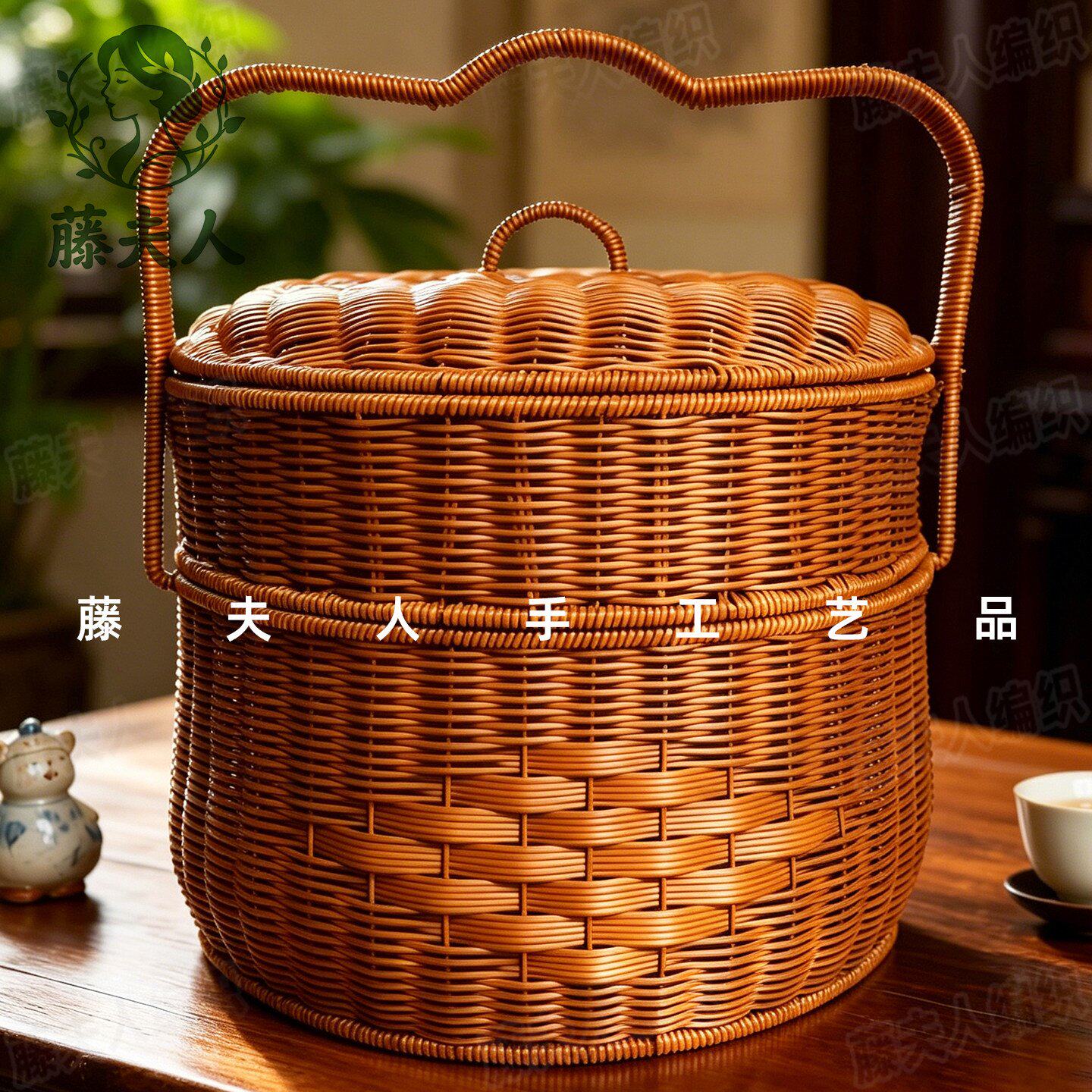 手提拜拜野餐篮仿藤编织出嫁送礼箩筐祠堂贡品婚庆大号双层收纳篮