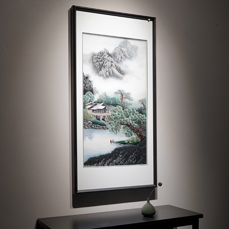 湘绣成品挂画松柏刺绣画纯手工现代中式走廊玄关艺术背景墙装饰画