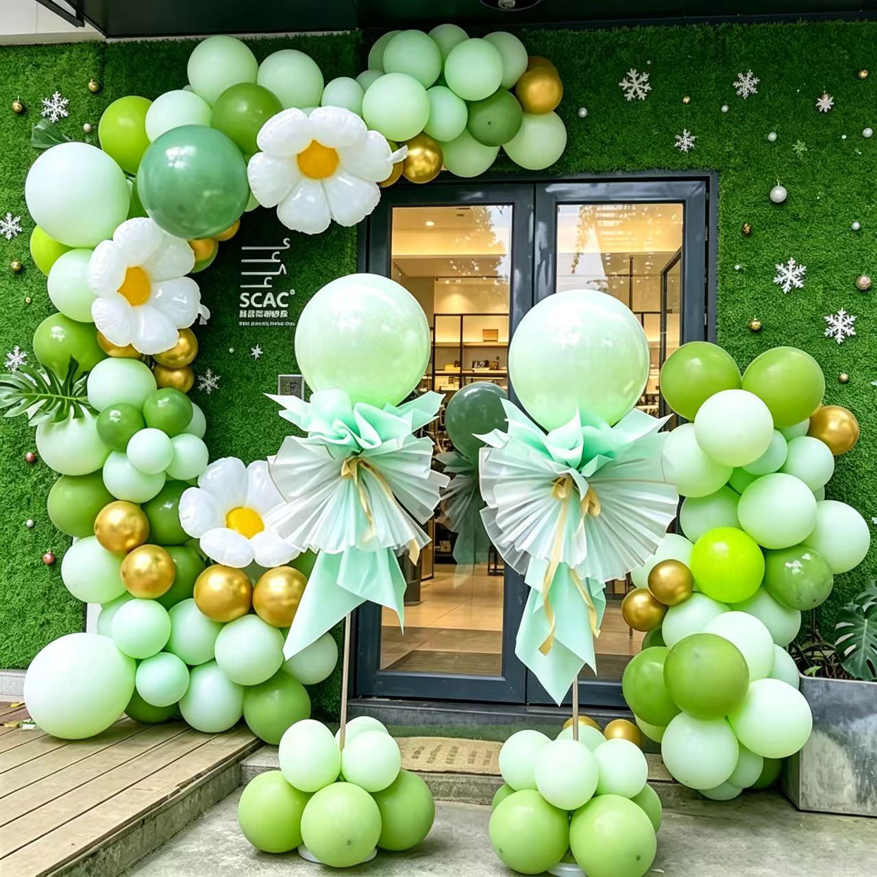 牛油果绿雏菊气球拱门套装 户外生日拍照布置浅绿马卡龙气球装饰