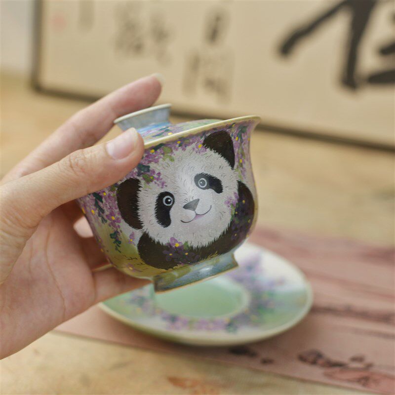 云楼手作手绘熊猫三才盖碗茶杯窑变复古家用泡茶碗功夫茶具茶具