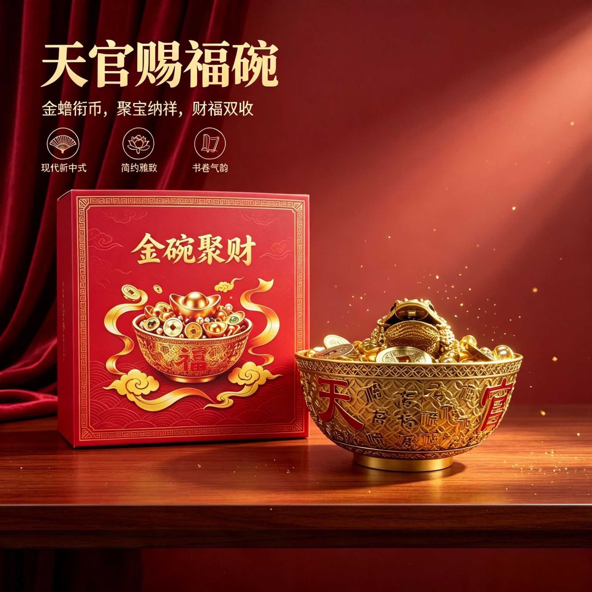 乔迁布置天官赐福锌合金装饰摆件新中式玄关招财碗聚宝盆财福双收