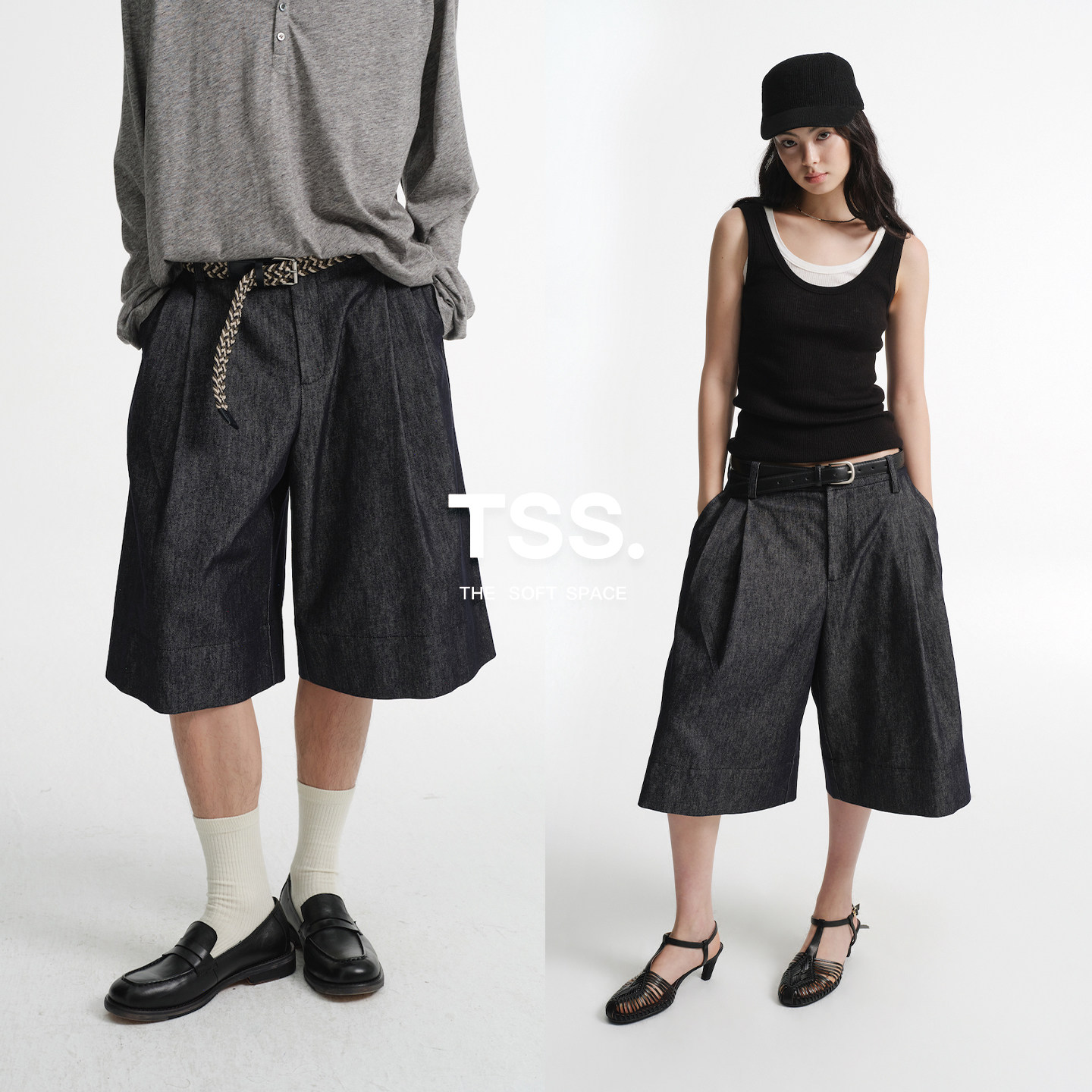 【靳梦佳同款】TSS.100棉复古牛仔蓝宽松阔腿女男七分中裤春秋季
