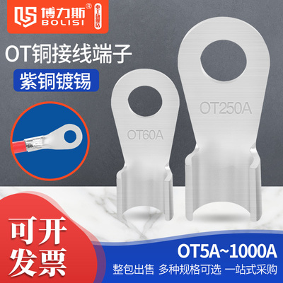 OT紫铜镀锡开口鼻10/20/30/40/50/60A圆孔铜线耳接线端子线鼻子