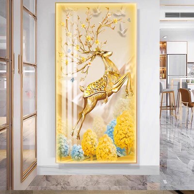 玄关客厅装饰画轻奢大气带灯镶钻麋鹿晶瓷画墙挂画入户过道墙壁画