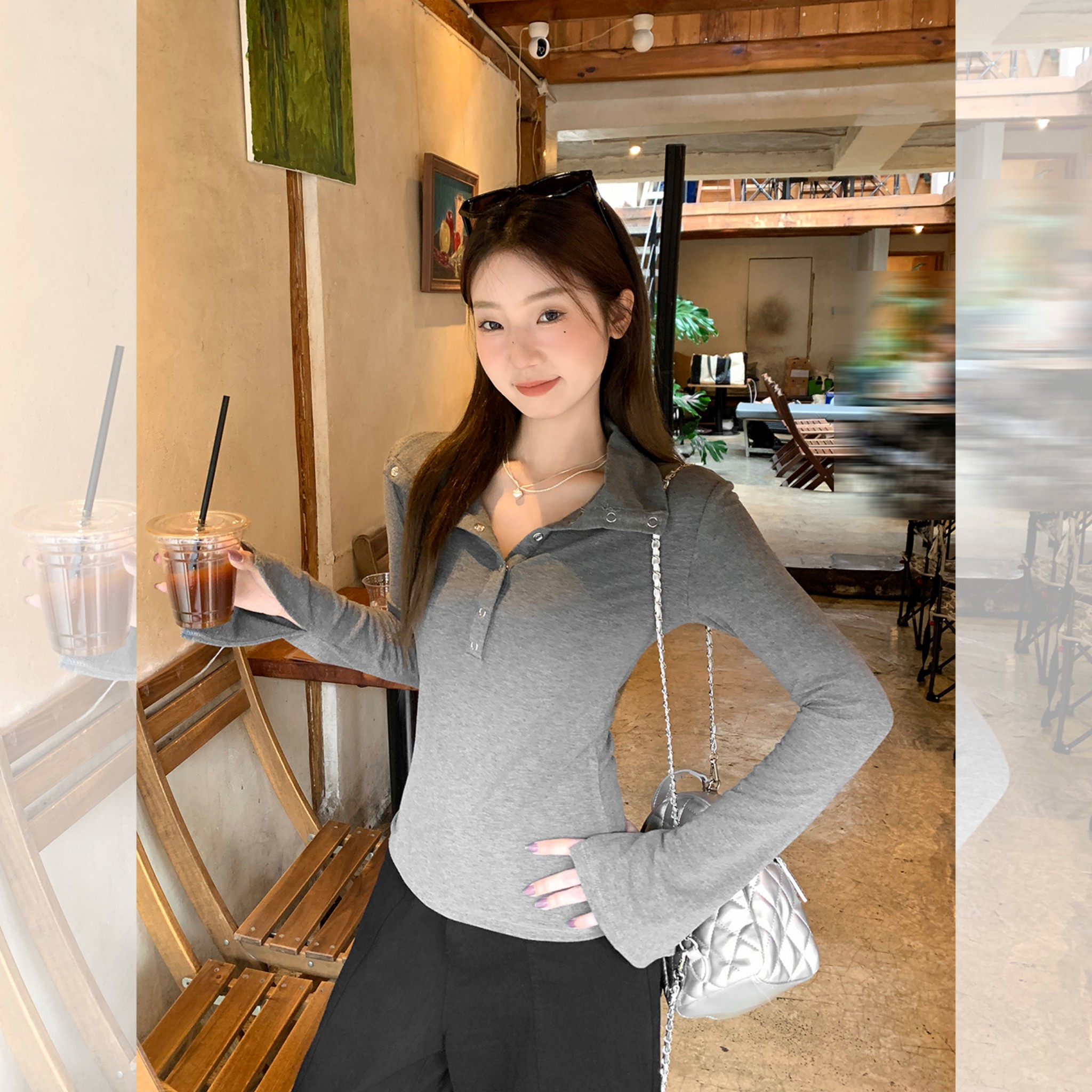 韩系简约翻领长袖T恤女2026年春秋季修身显瘦休闲打底衫灰色上衣