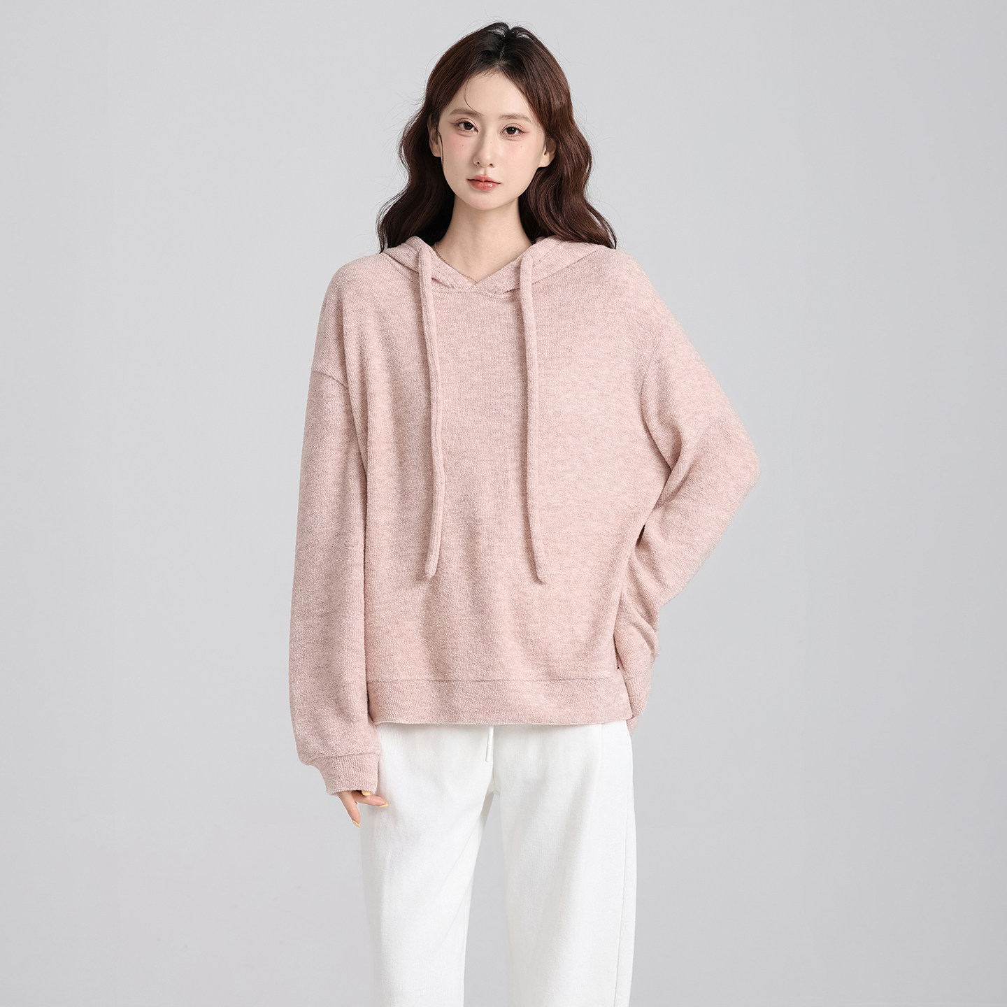 2026年新款温柔风粉色连帽抽绳卫衣女宽松显瘦软糯百搭长袖上衣