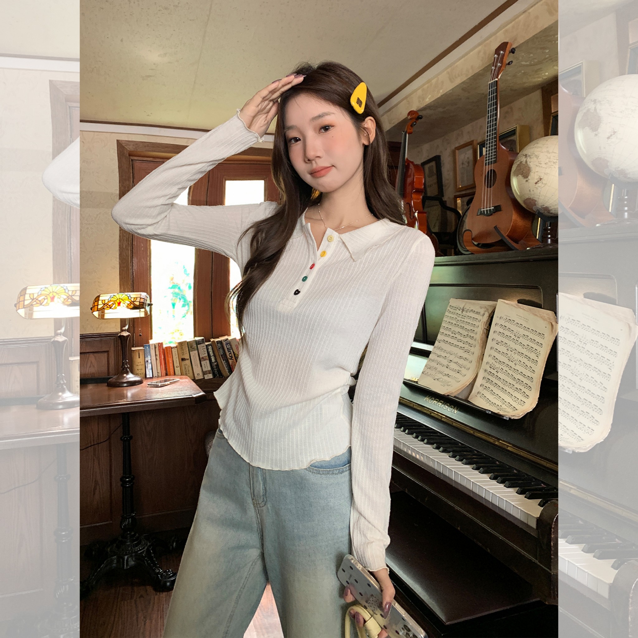 白色翻领长袖T恤女2026年春秋季修身彩色扣子装饰上衣亲肤透气