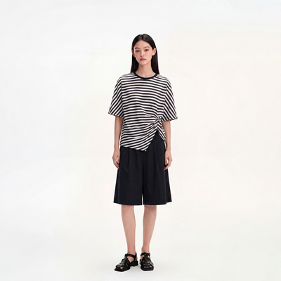 PRIRONNE 夏季莱赛尔醋酸亚麻透气条纹褶皱收腰短袖N595-YMJ5806C