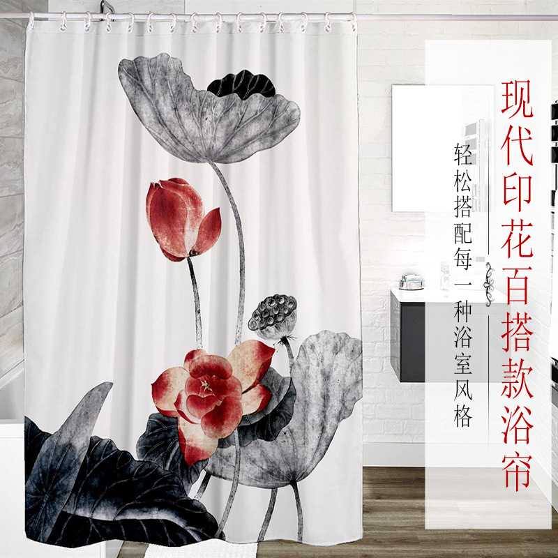 印花防水新中式浴室隔断卫生间遮帘挡浴缸支持LOGO印制荷花图案