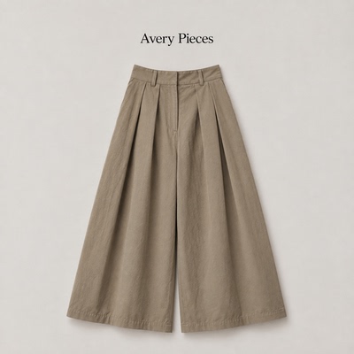 Avery Pieces 美国匹马棉盐缩高腰伞形阔腿裤 卡其色宽松廓形长裤