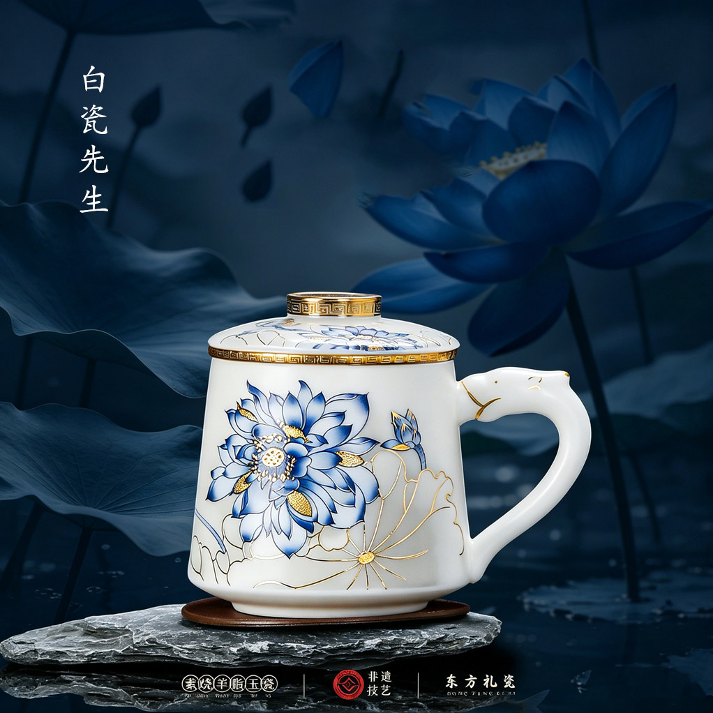 德化林建文大师璞玉白瓷办公杯茶水分离带盖过滤办公家用泡茶水杯