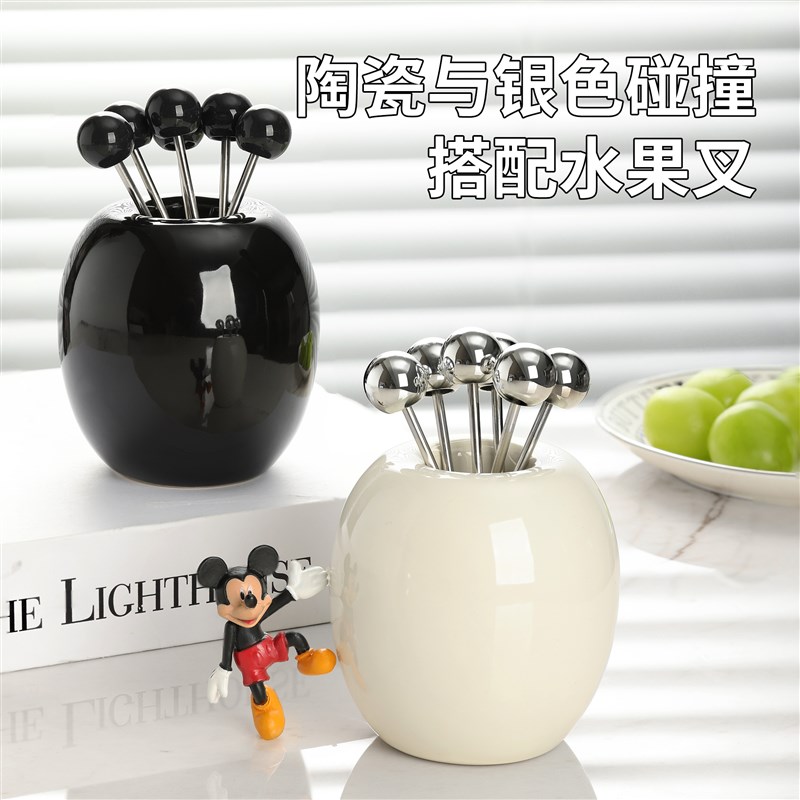 轻奢不锈钢水果叉子家用高端甜品叉陶瓷收纳罐套装儿童安全水果签