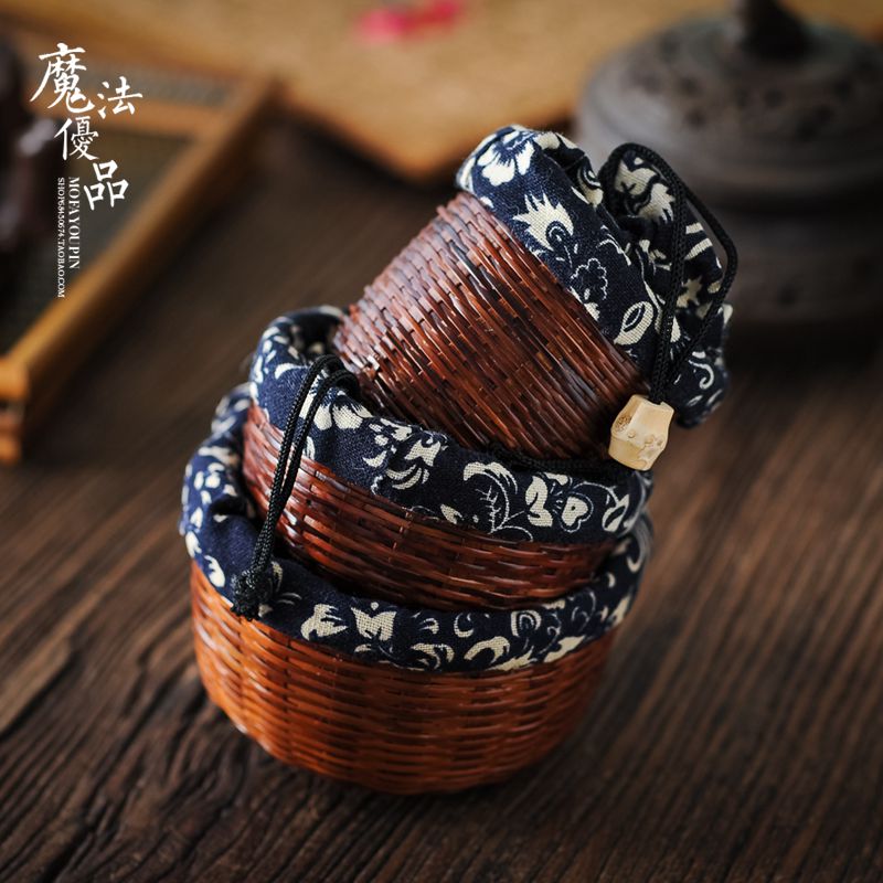 便携式茶杯袋小茶杯品茗杯收纳盒旅行竹编包茶具茶道零配件
