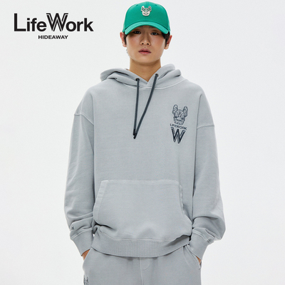 LIFEWORK HIDEAWAY法斗犬潮牌logo印花套头连帽卫衣男插兜宽松