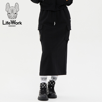 LIFEWORK HIDEAWAY黑色直筒半身裙女松紧腰抽绳开衩休闲中长裙
