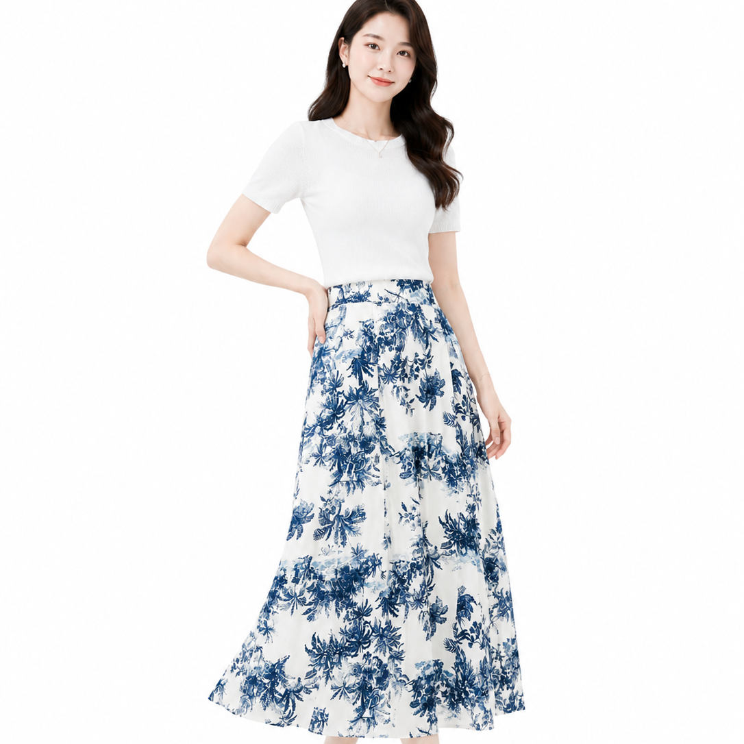 【复古印花系列】Piknary品珂芮新中式青花瓷纹样半身裙86BQ0269