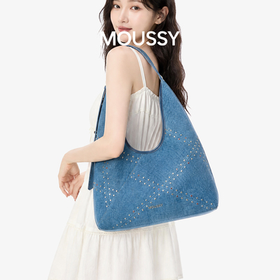 Moussy牛仔拼接大hobo单肩包