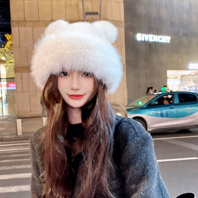 OVANCY可爱小熊毛绒雷锋帽女冬季地痞护耳毛茸茸渔夫帽白色蒙古帽