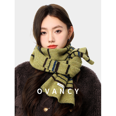OVANCY高级感羊毛围巾女冬季2025新款复古条纹针织披肩保暖围脖潮